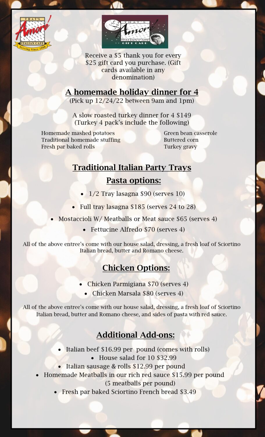 Holiday Menu - That's Amore Italian Cafe