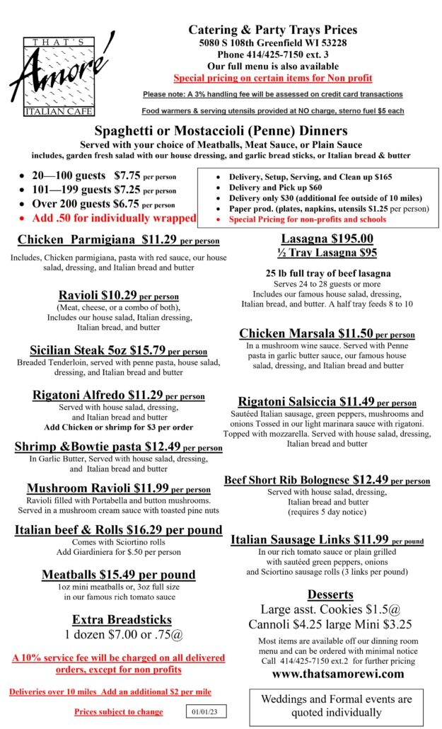 Catering Menu - That's Amore Italian Cafe