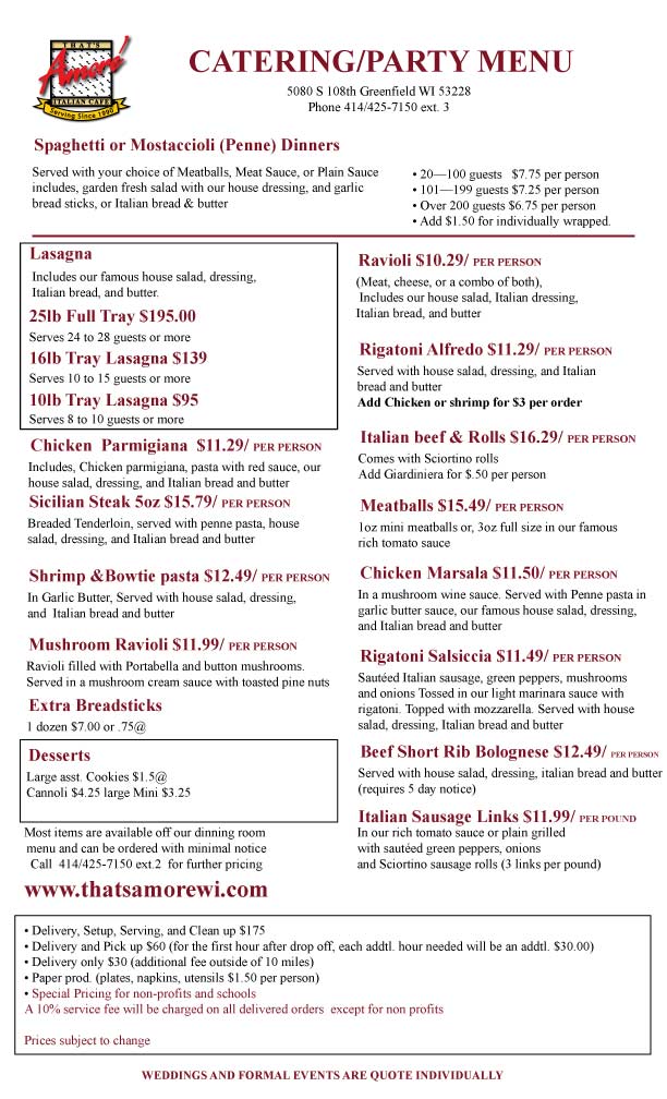 Catering Menu - That's Amore Italian Cafe